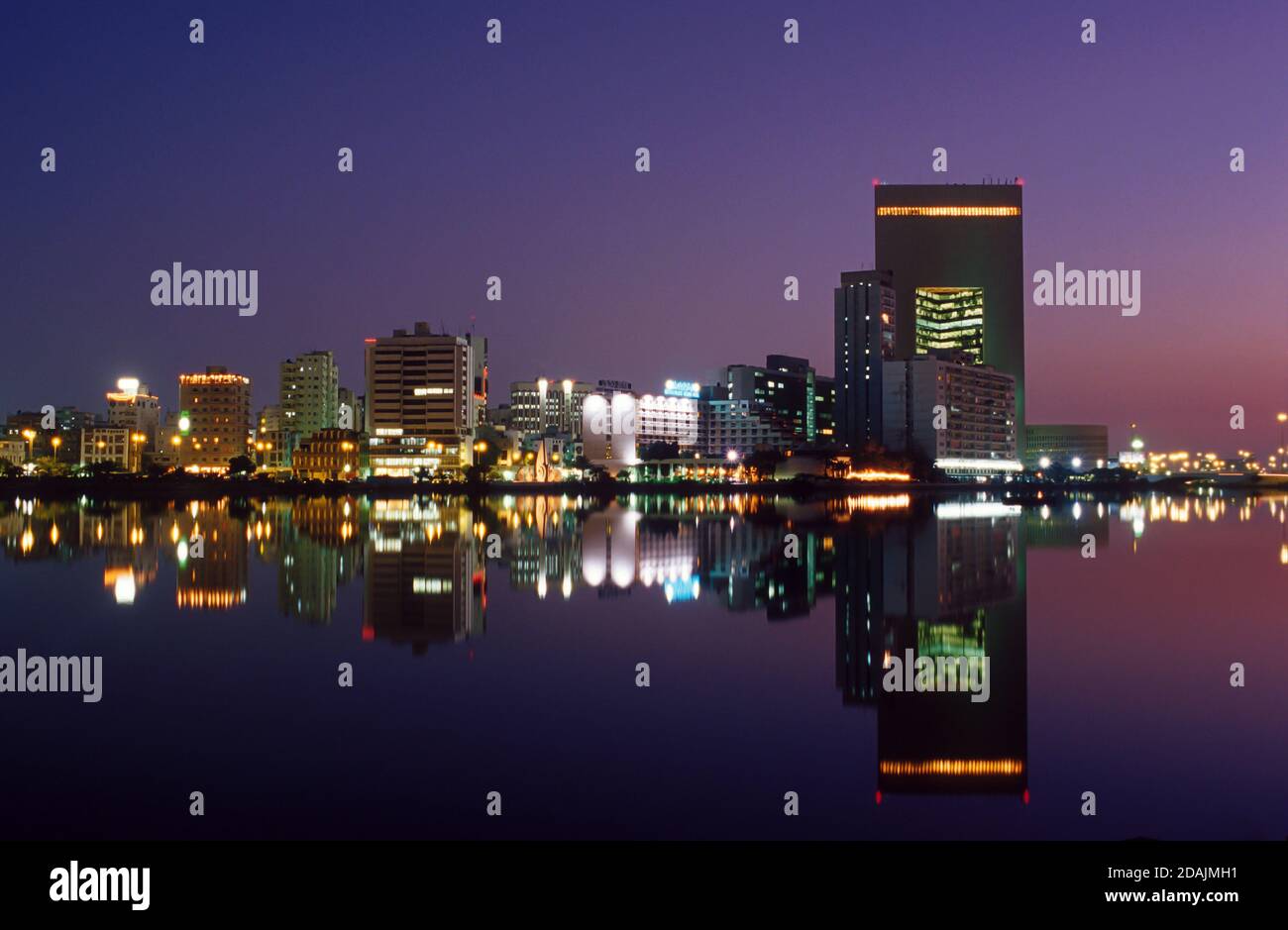 Jeddah, Saudi Arabia, sunset over the corniche and the buildings that ...