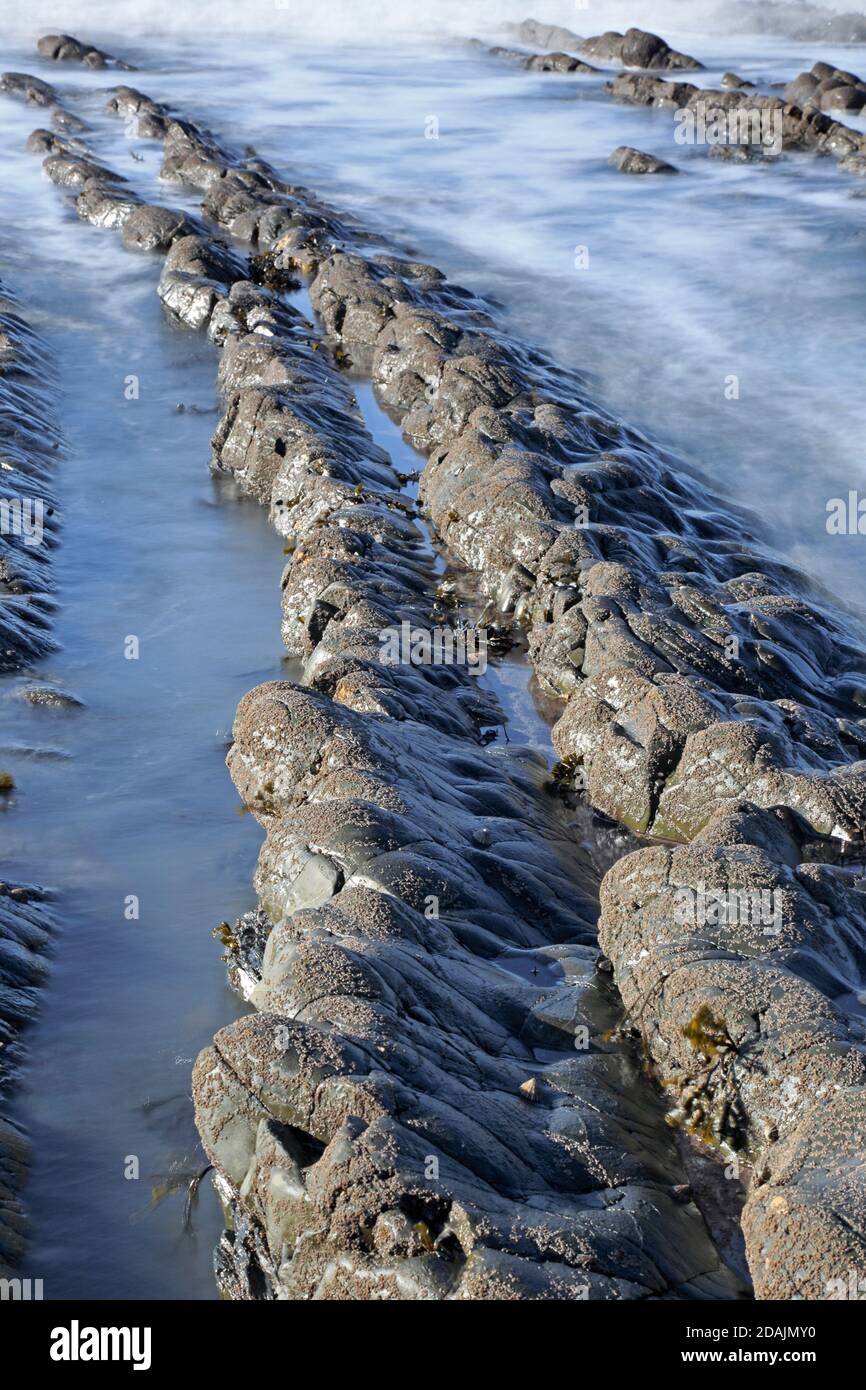 View of the rock ledges at Welcombe Mouth Beach on the Devon and ...