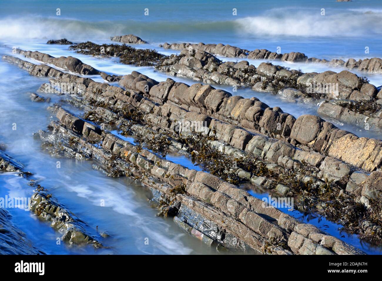 View of the rock ledges at Welcombe Mouth Beach on the Devon and ...