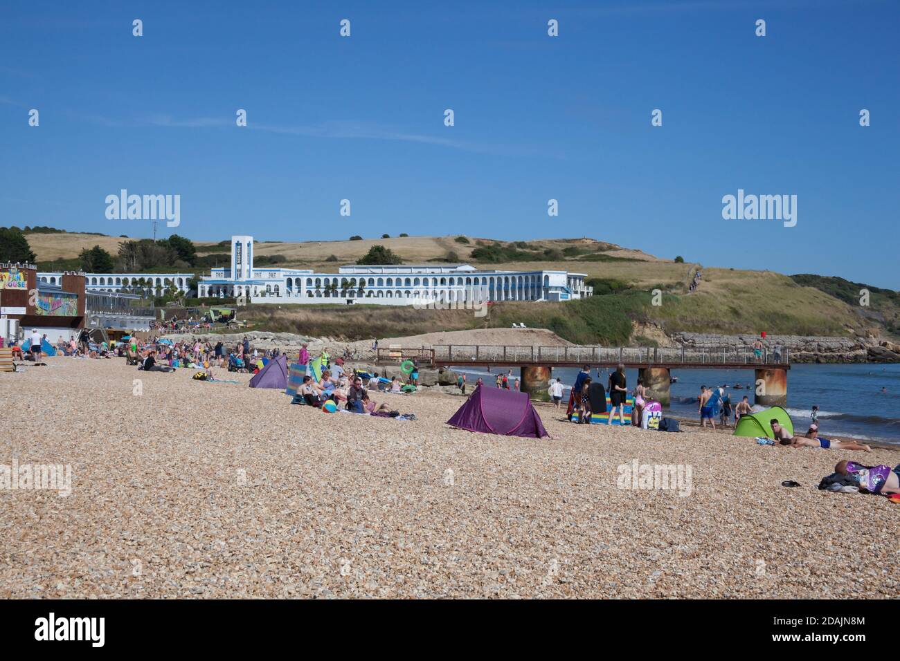 Overcombe Beach on a hot summer day in Dorset in the UK, taken on the ...