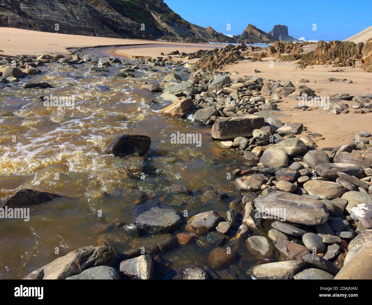 small river flows into the ocean, fast stream flows to the sea ...