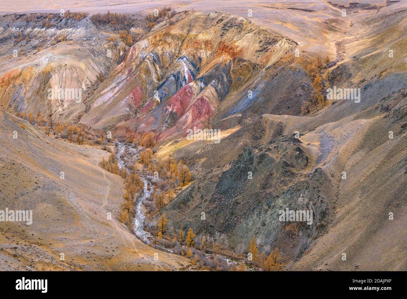 Colorful autumn top view of multi-colored mountains with cracks and ...