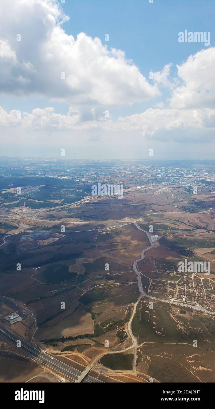 The view from the airplane window to the ground. Landscape view from ...