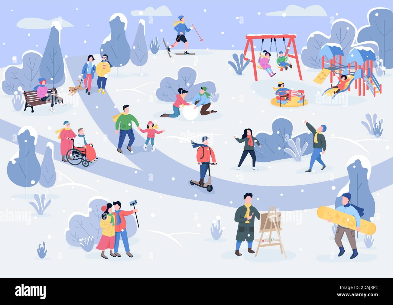 Rest in winter park flat color vector illustration Stock Vector Image ...