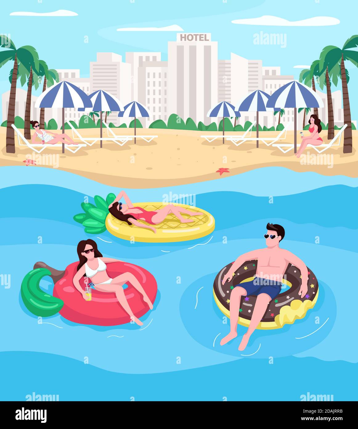Young people relaxing at beach flat color vector illustration Stock ...