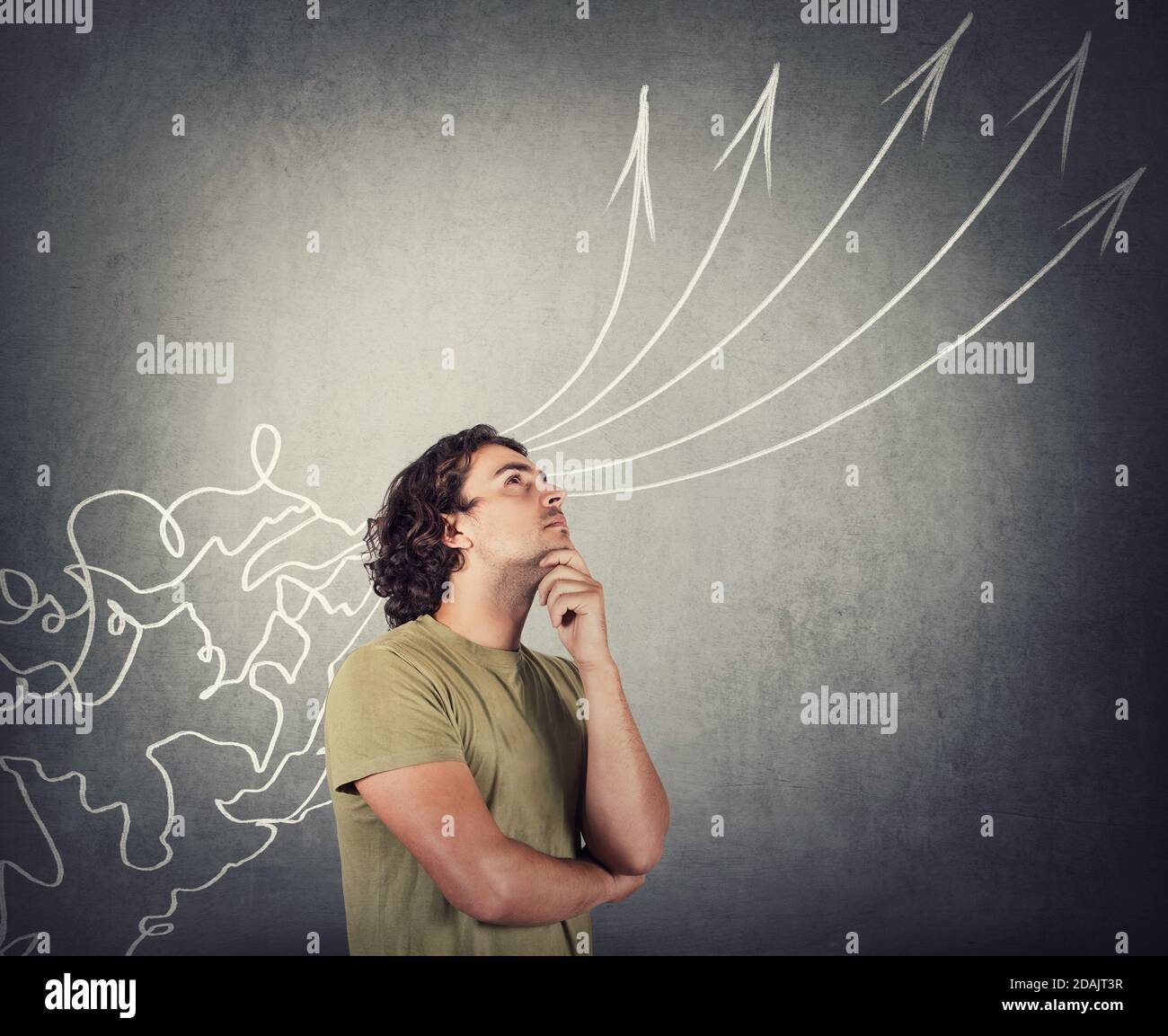 Intelligent man processing information coming from outside like a mess ...