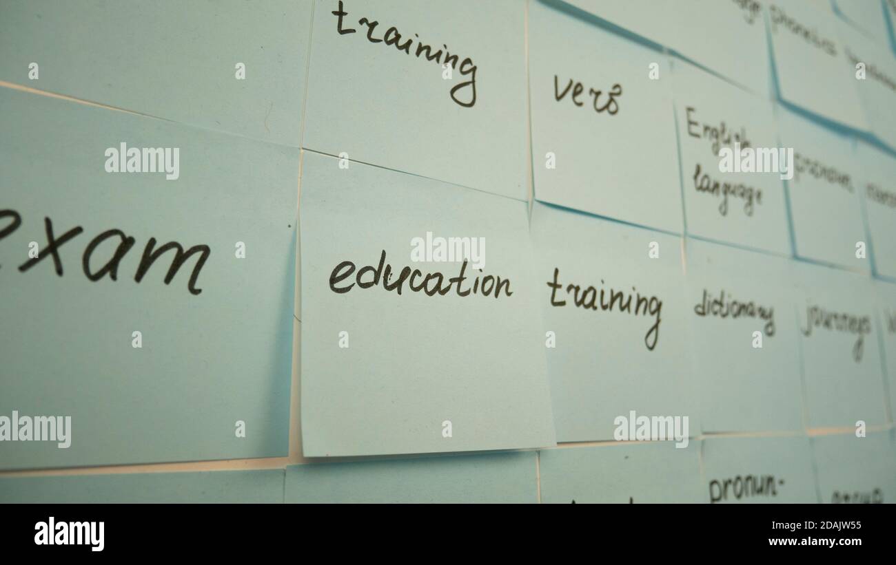 Learning english tags on stickers. Education exam, blue adhesive sticky ...