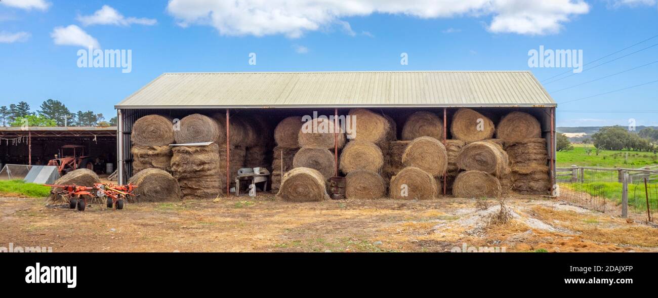 Rolled bales of hay stored in a barn Stock Photo - Alamy