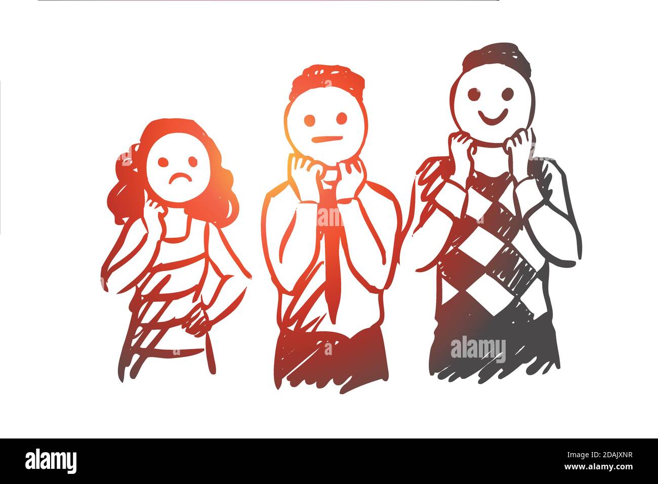 People, mask, expression, moody, face concept. Hand drawn isolated ...