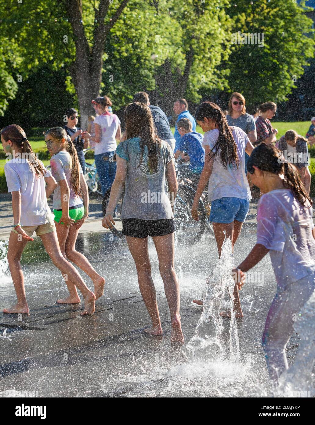 UZHGOROD, UKRAINE - May 28, 2017: Happy children playing in a water ...