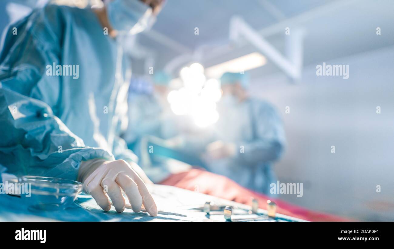 Close-up Shot in the Operating Room of Surgical Table with Instruments ...