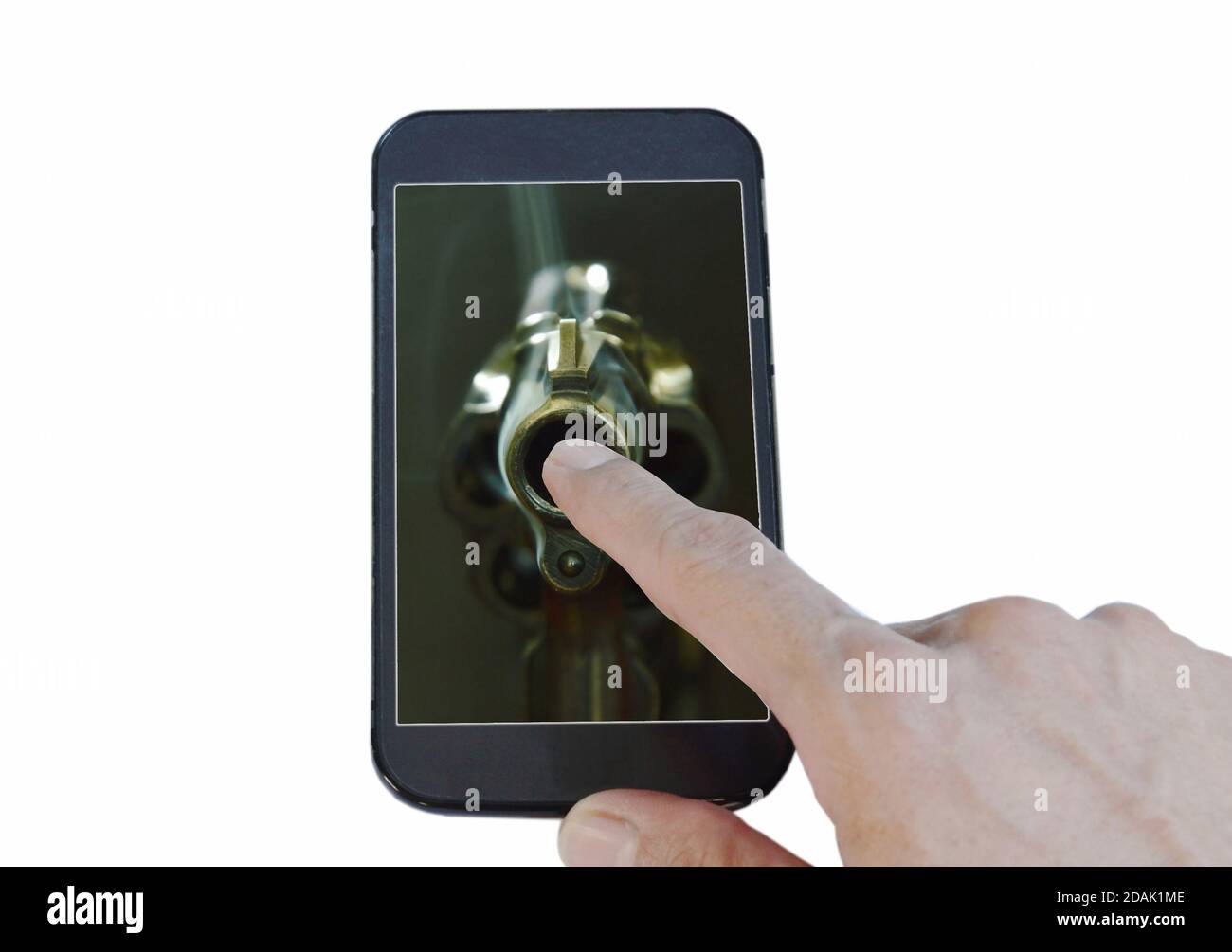 finger pointing on mobile phone touch screen and gun muzzle with smoke ...