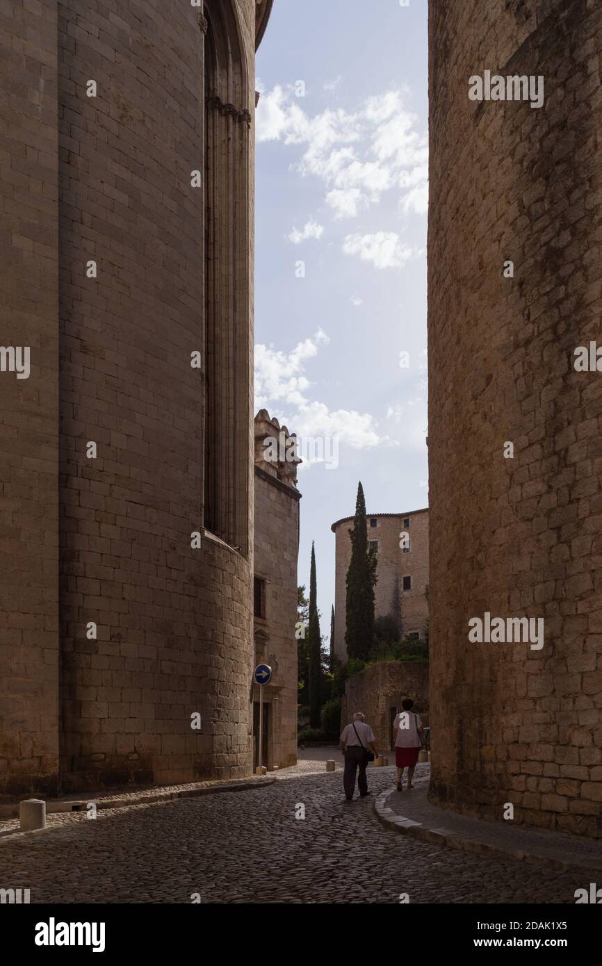 A medieval alley in the afternoon of Girona, Spain Stock Photo - Alamy