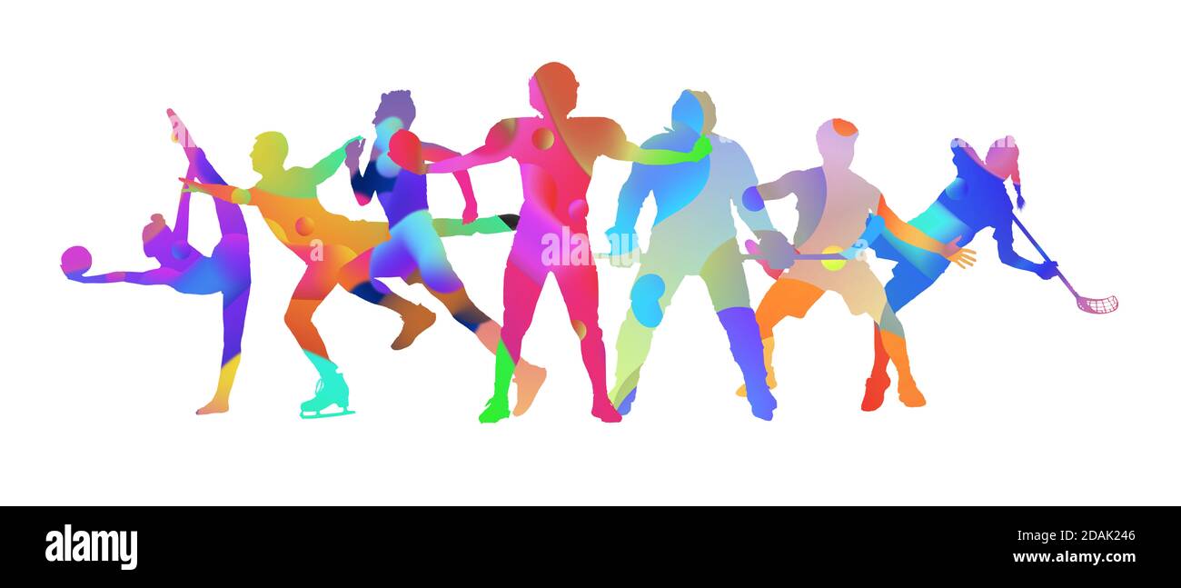 Sport collage made of drawing sportsmen with bright fluid colors ...