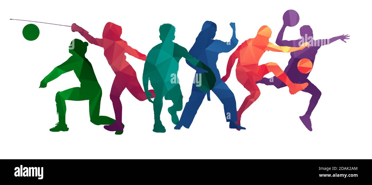Sport collage made of drawing sportsmen with bright fluid colors ...