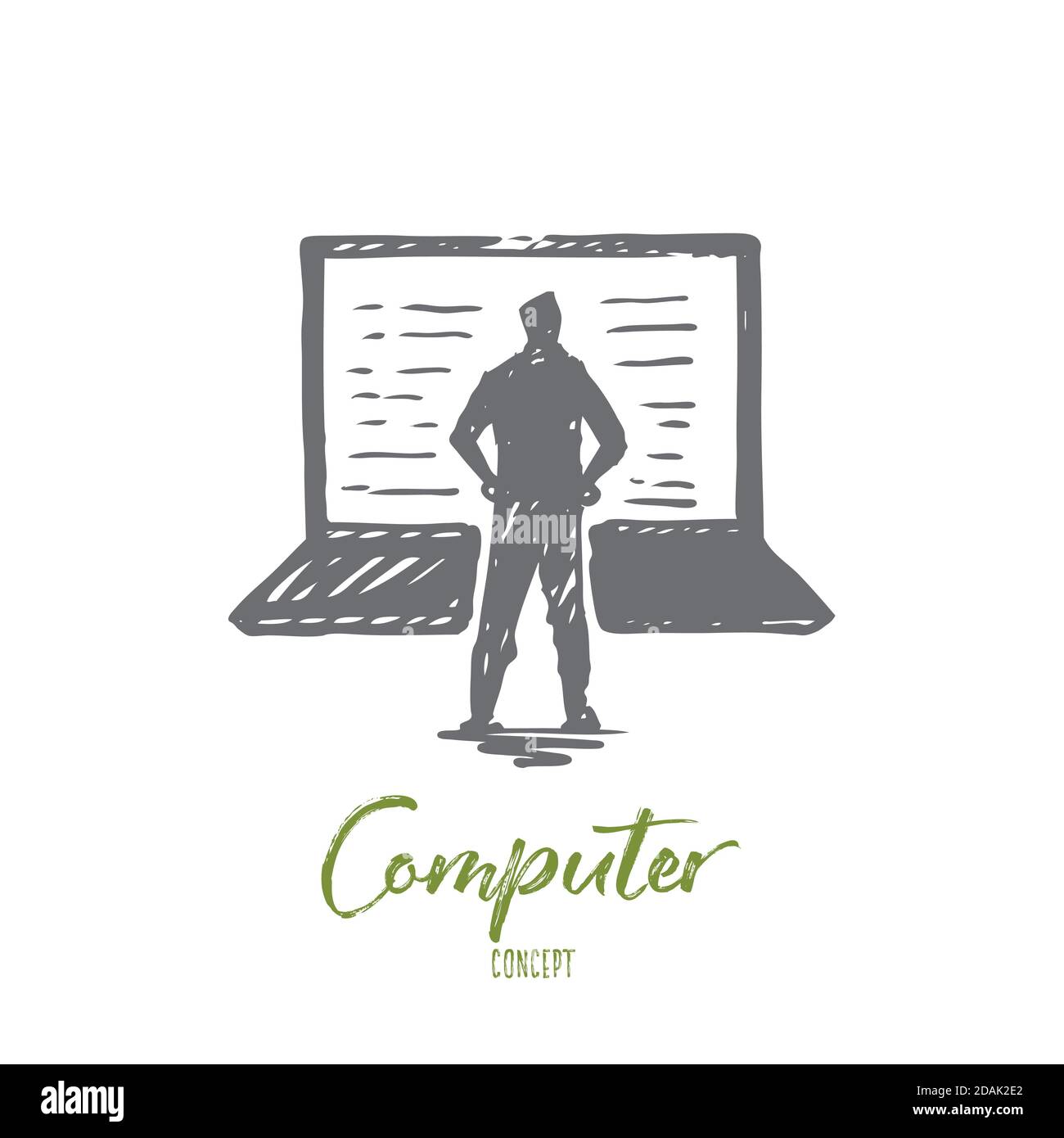 Computer, laptop, person, work, technology concept. Hand drawn isolated ...