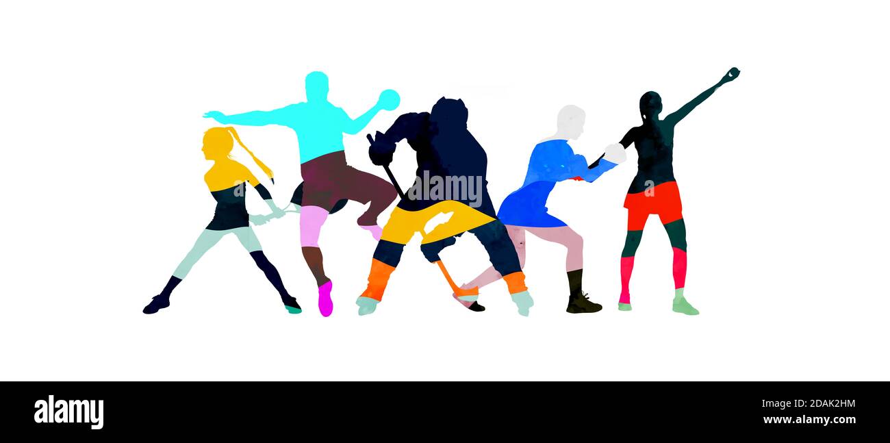 Sport collage made of drawing sportsmen with bright fluid colors ...
