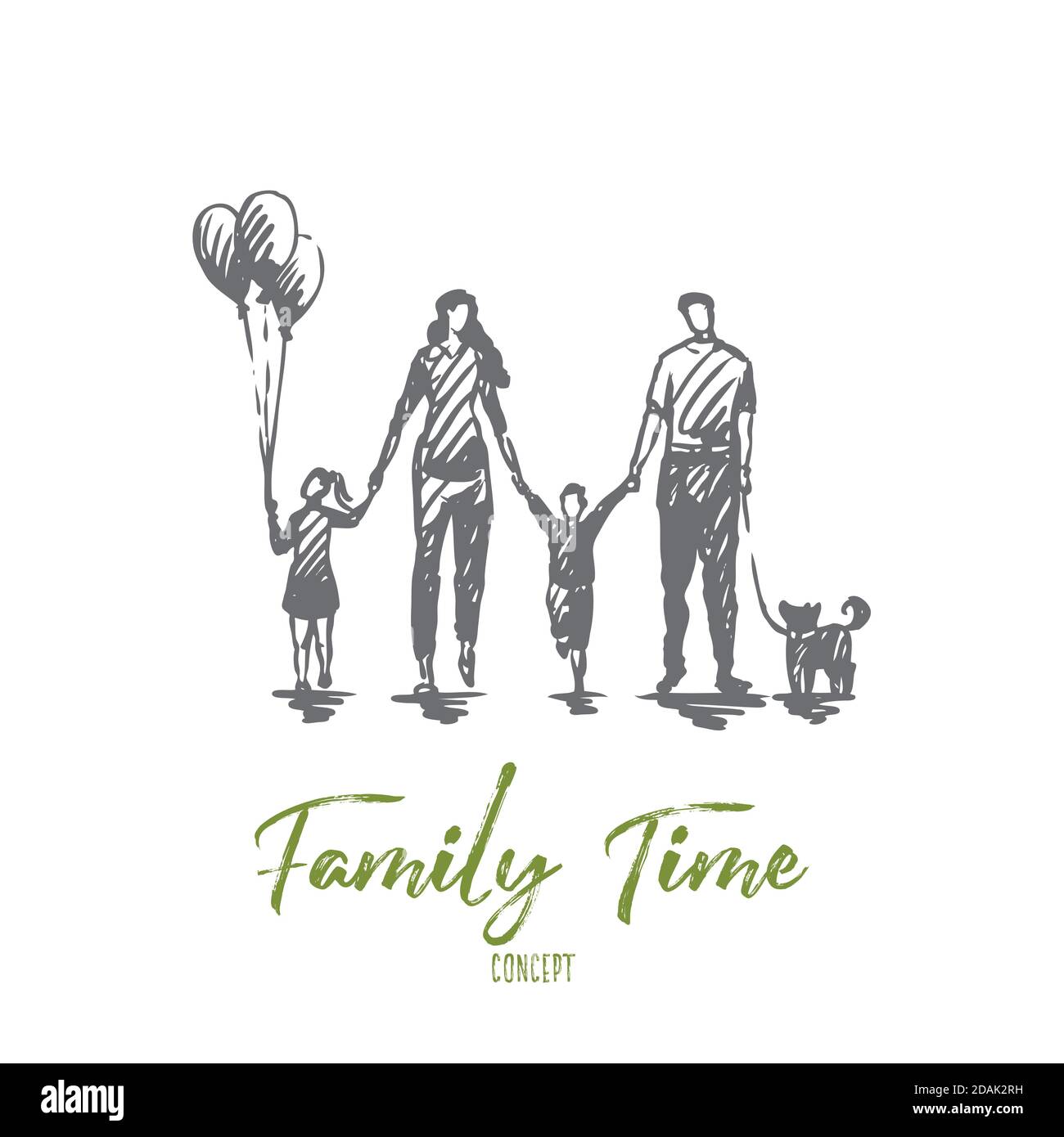 Family time, mother, kids, happy, father concept. Hand drawn isolated ...