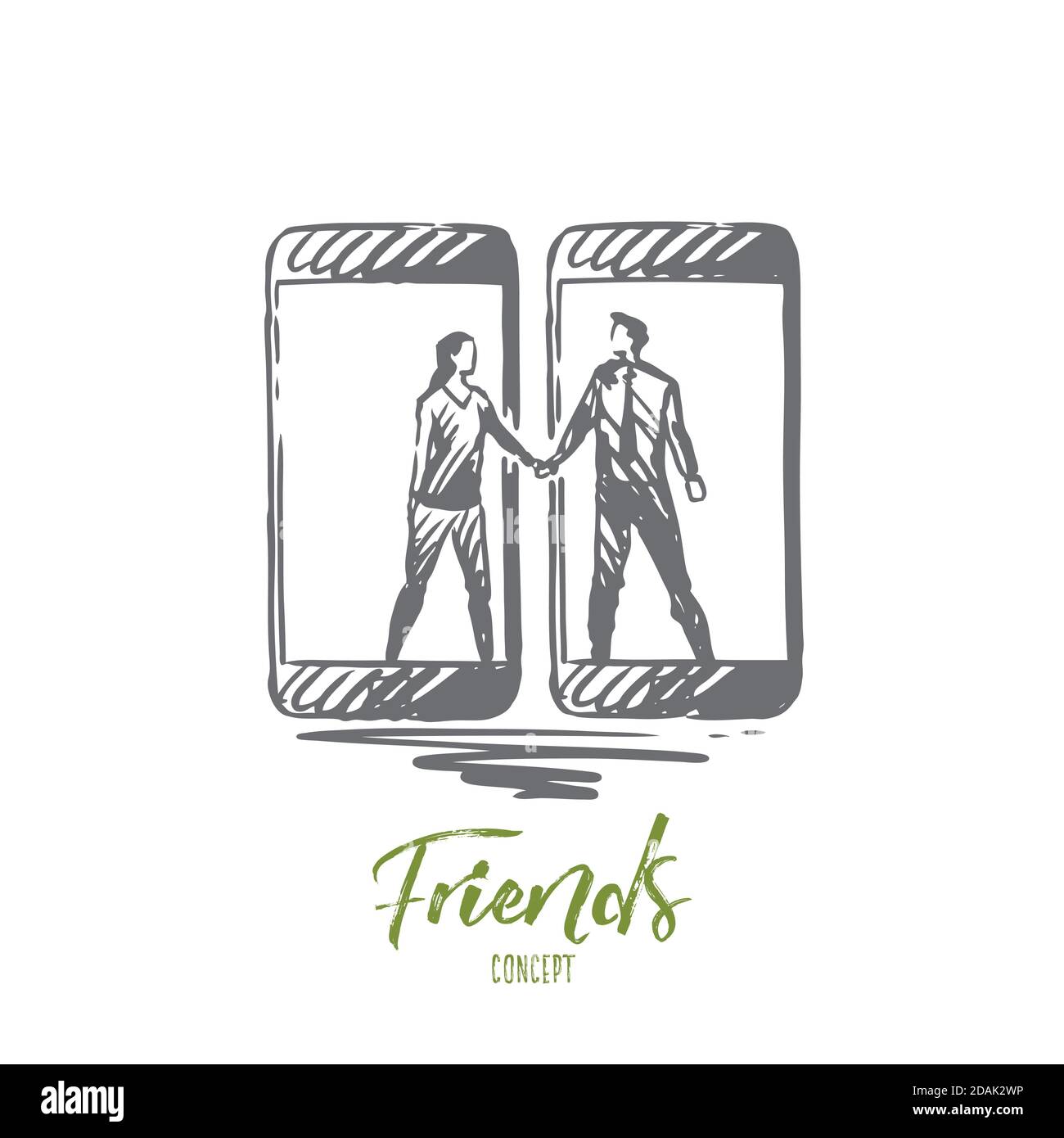 Friends, mobile, network, connection, gadget concept. Hand drawn ...