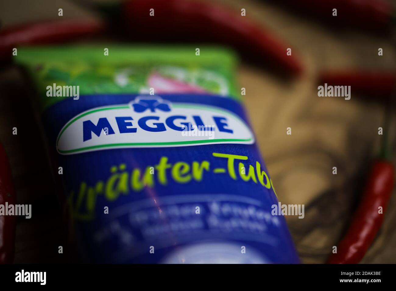 Viersen, Germany - May 2. 2020: Close up of isolated tube Meggle herb ...
