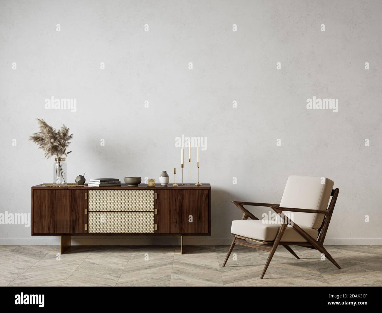 Modern interior with dresser and decor. 3d render illustration ...