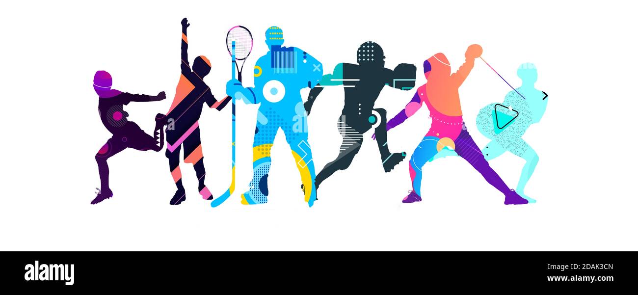 Sport collage made of drawing sportsmen with bright fluid colors ...