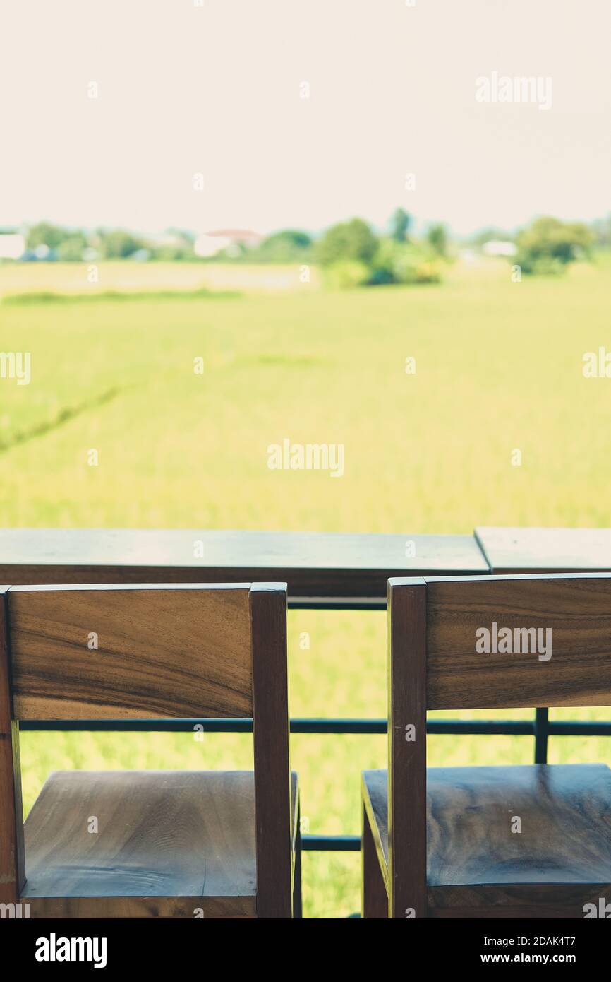 wooden chair on terrace with green rice paddy field view Stock Photo ...