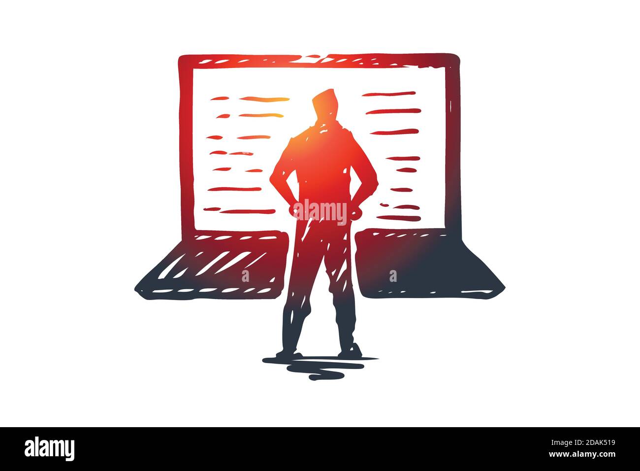 Computer, laptop, person, work, technology concept. Hand drawn isolated ...