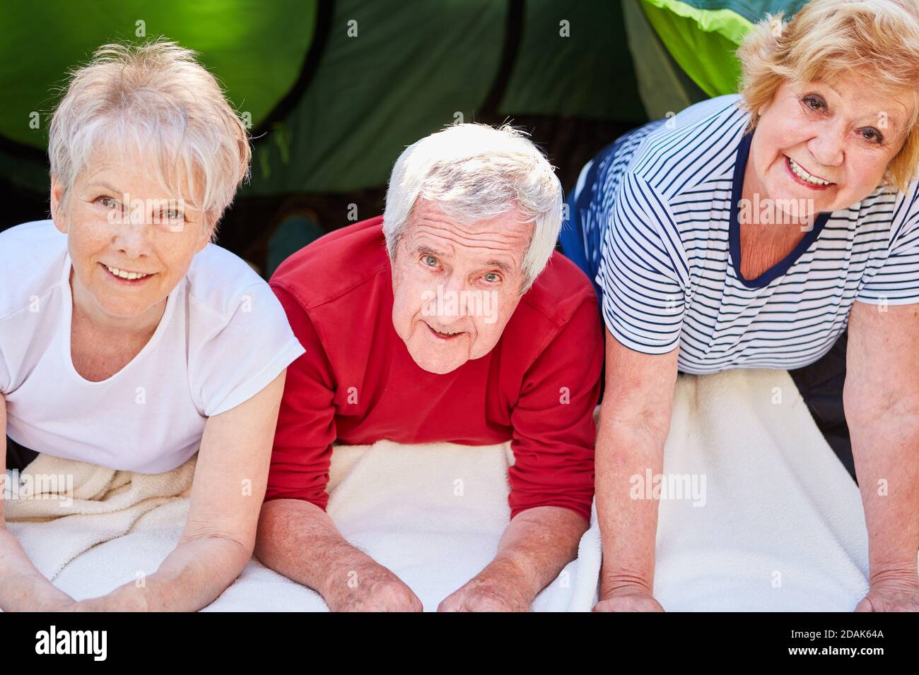 Group of active seniors together in a tent at the campsite in summer ...