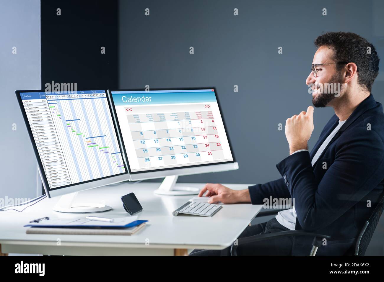 Scheduling Report List And Gantt Chart On Computer Screen Stock Photo ...