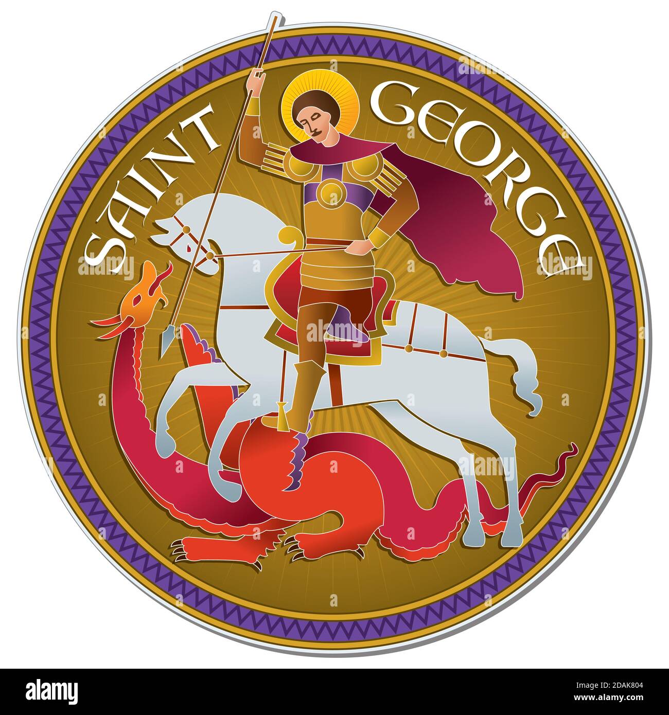 Colorful drawing of Saint George riding a horse and fighting the Dragon ...