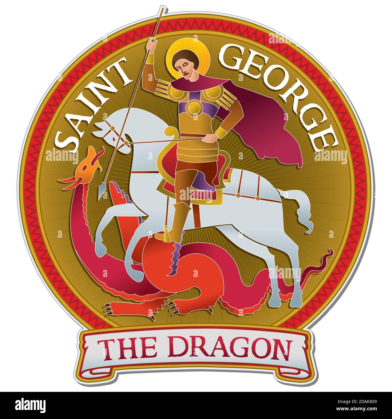 Colorful drawing of Saint George riding a horse and fighting the Dragon ...