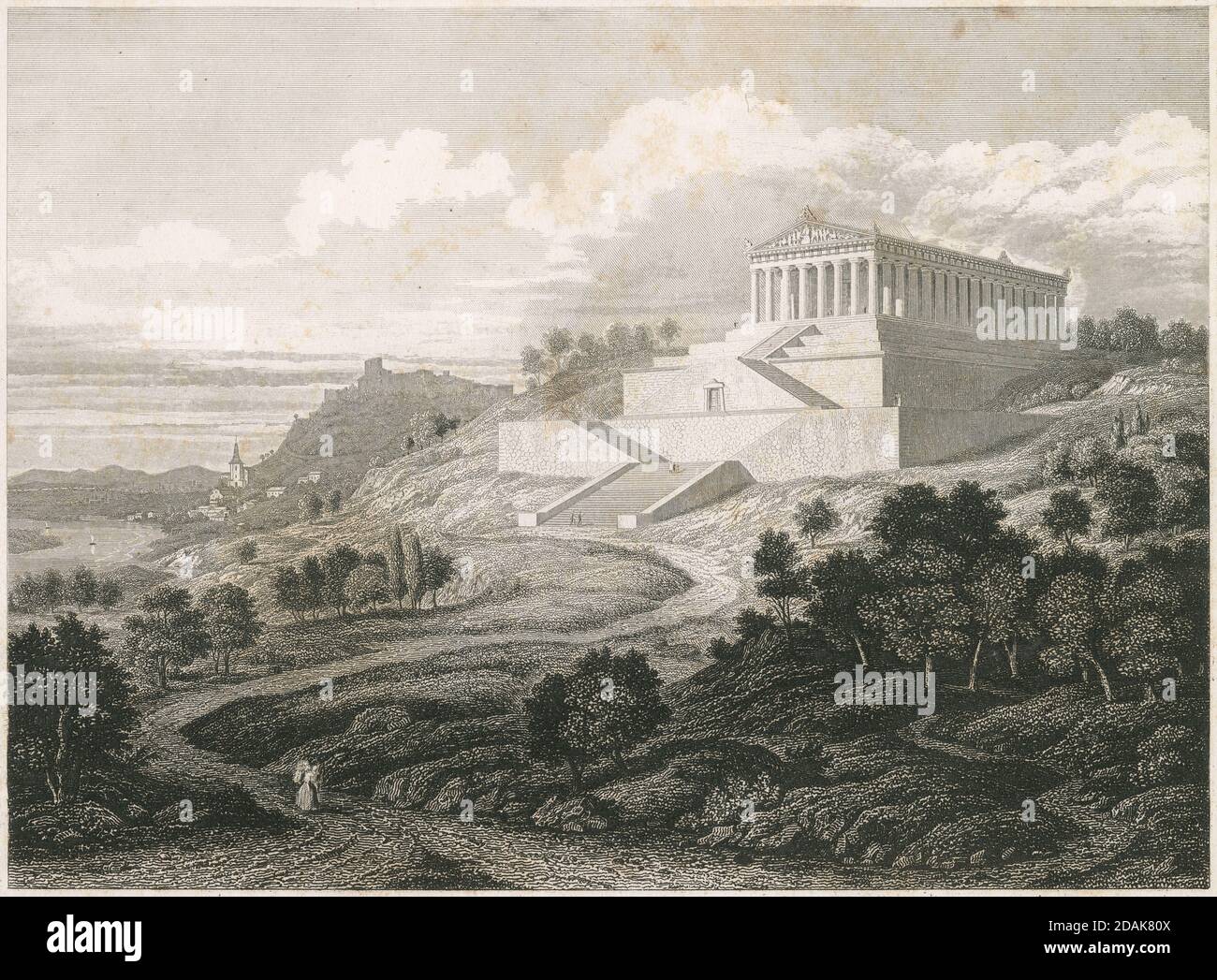 Antique c1850 engraving, the Walhalla in Germany. The Walhalla is a ...