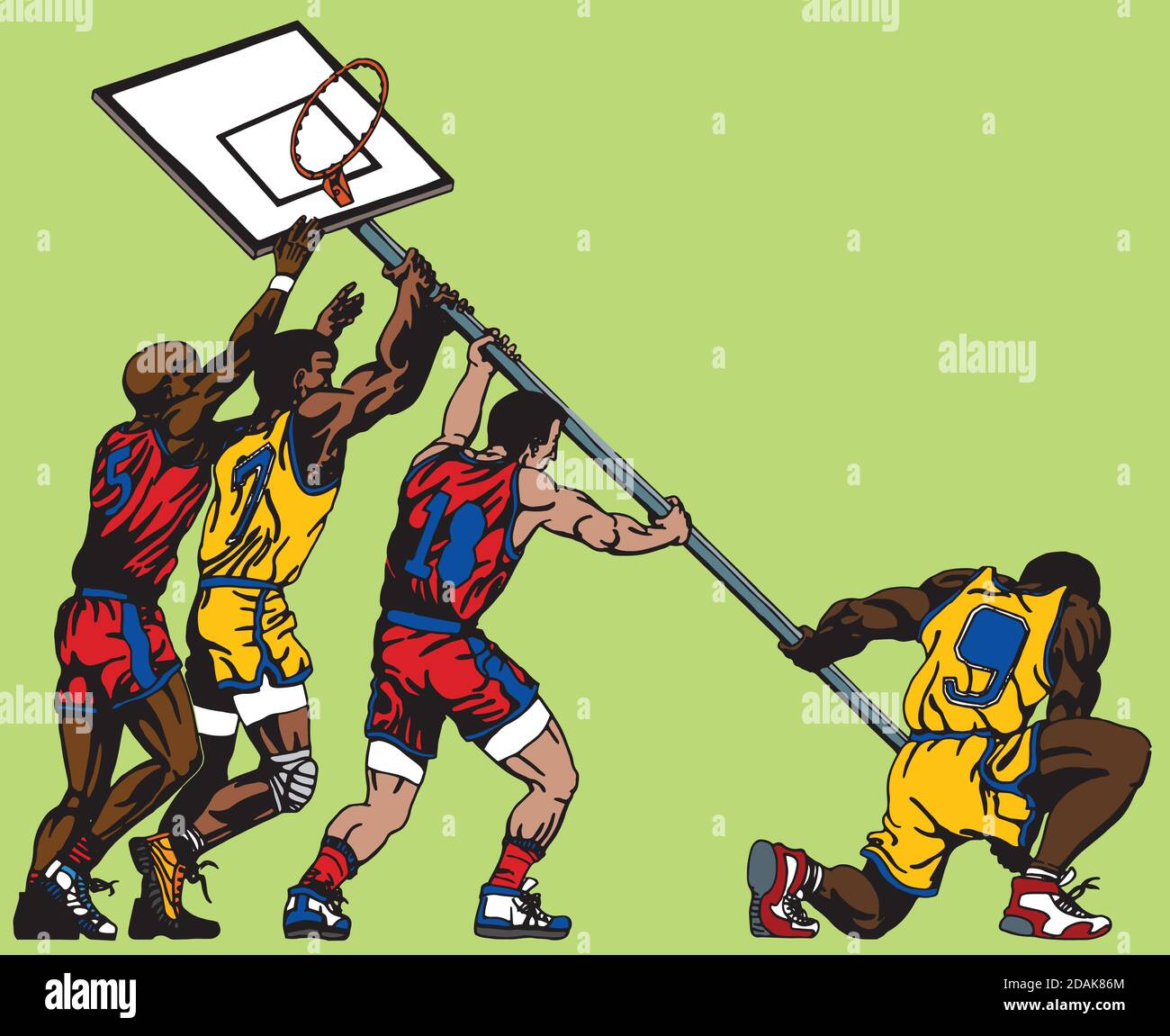 Illustration of players raising a basketball backboard as in the famous ...