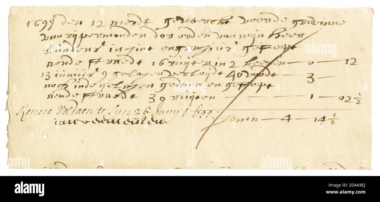 Antique receipt for goods from June 1699, written in West Frisian. West ...