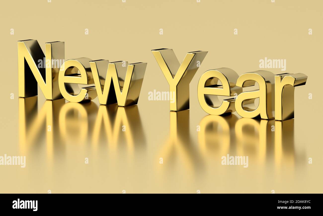 Gold words New Year with reflection. 3d rendering Stock Photo - Alamy