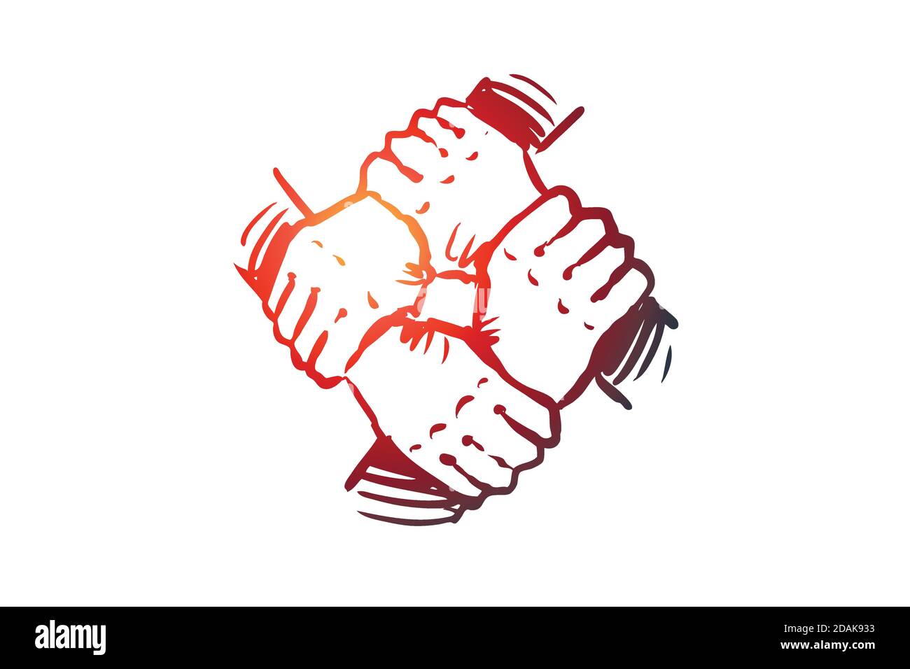 Integration, hand, teamwork, together, group concept. Hand drawn ...
