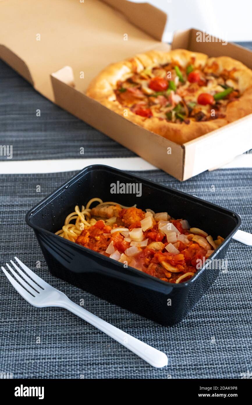 Set lunch, pizza with pasta. Food delivery Stock Photo - Alamy