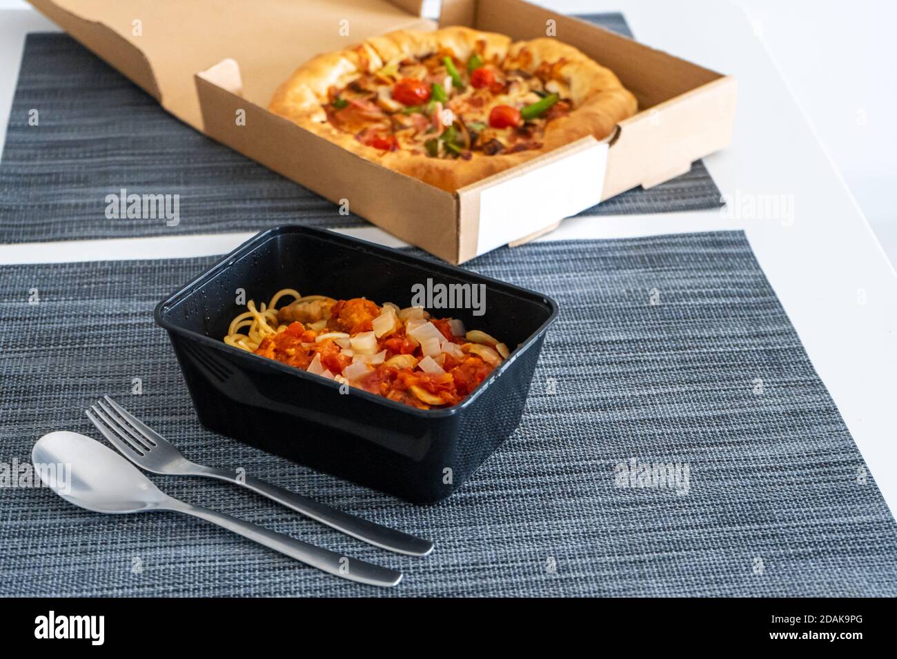Set lunch, pizza with pasta. Food delivery Stock Photo - Alamy