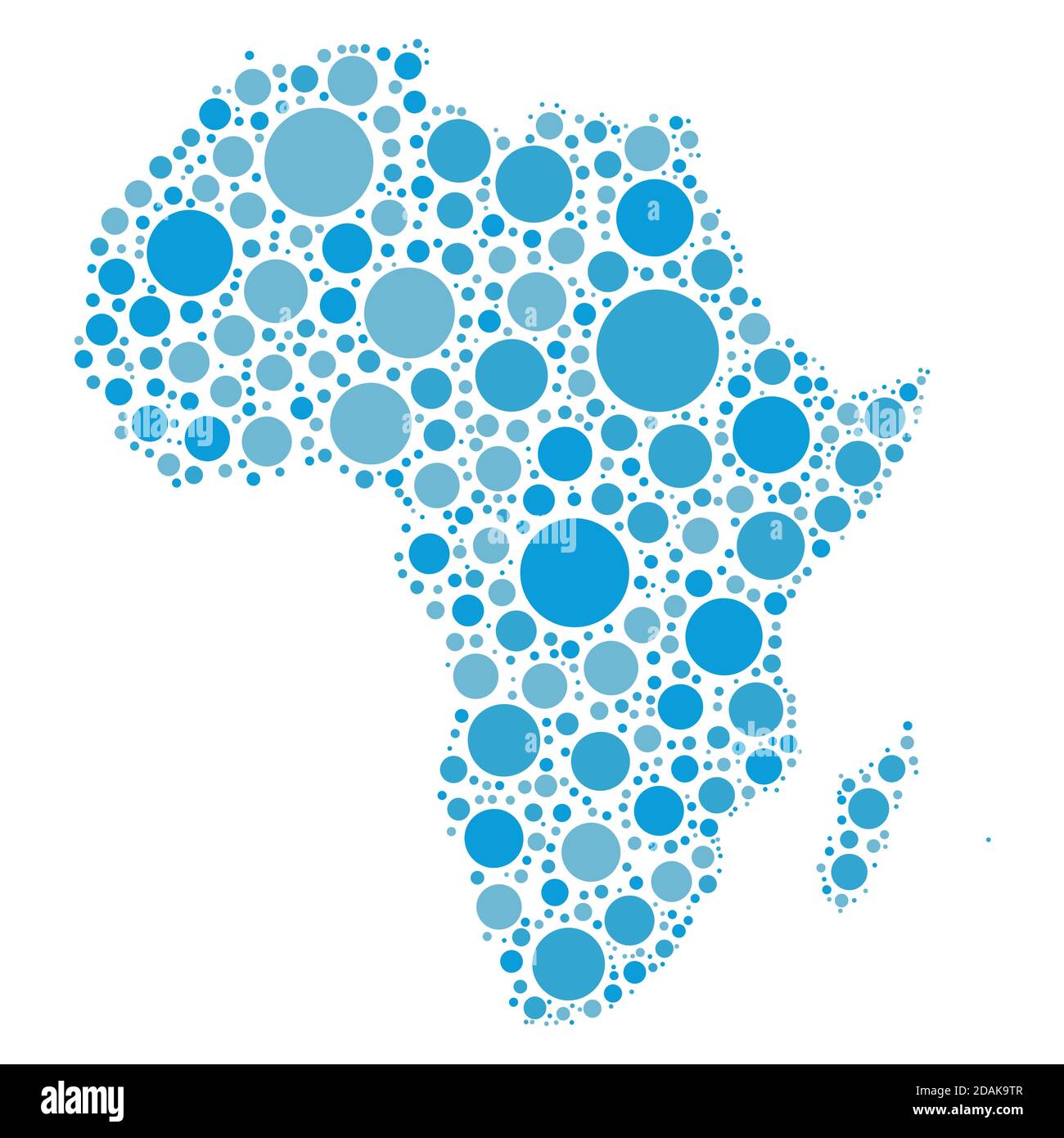 Africa map mosaic of blue dots in various sizes and shades on white ...