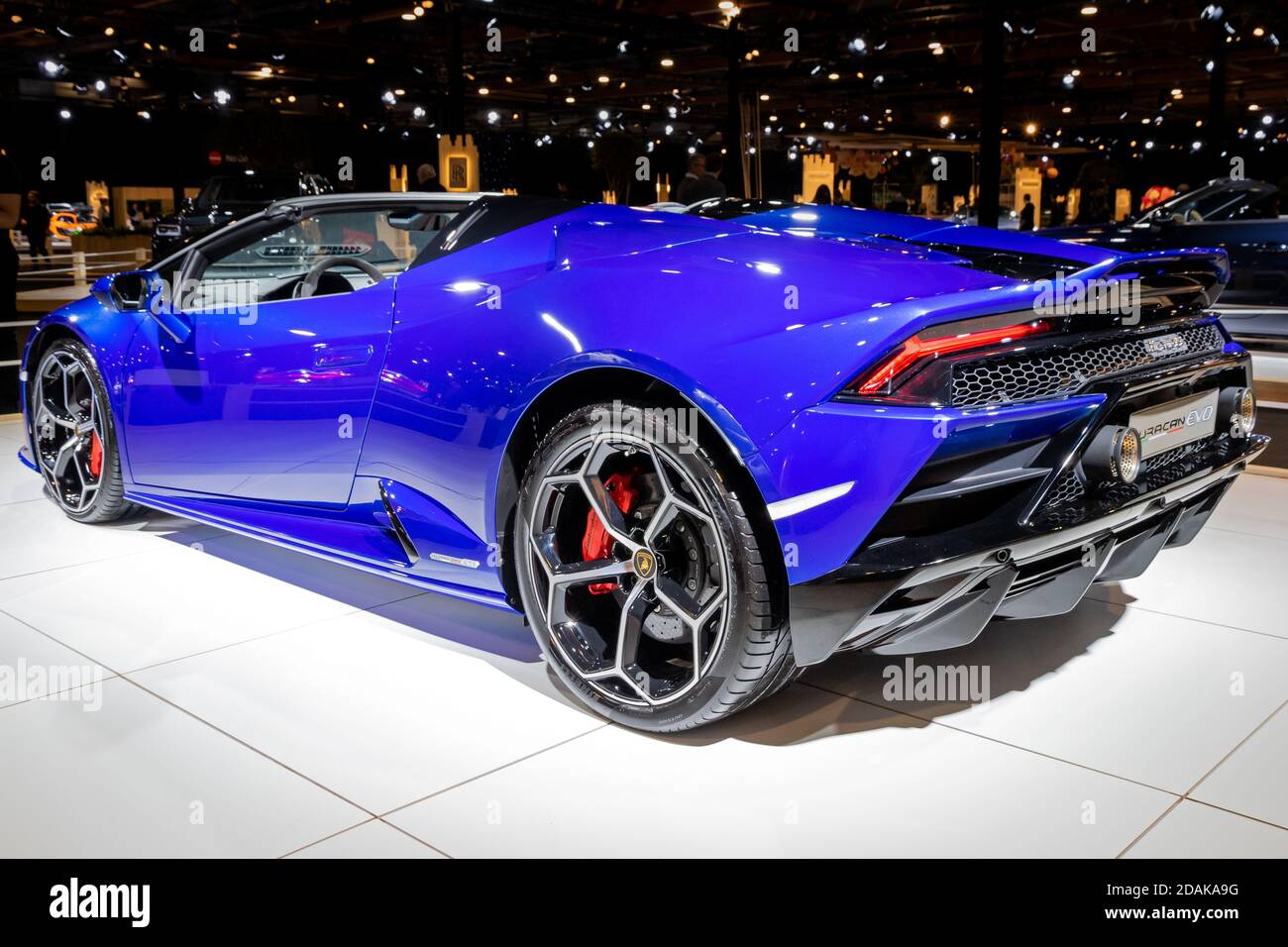 Lamborghini Huracan EVO Spyder convertible sports car at the Autosalon 2020 Motor Show. Brussels ...