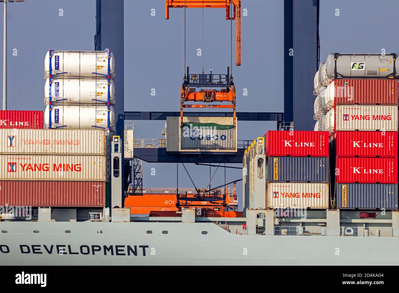 Crane operator unloading a sea container from a cargo ship the Port of ...
