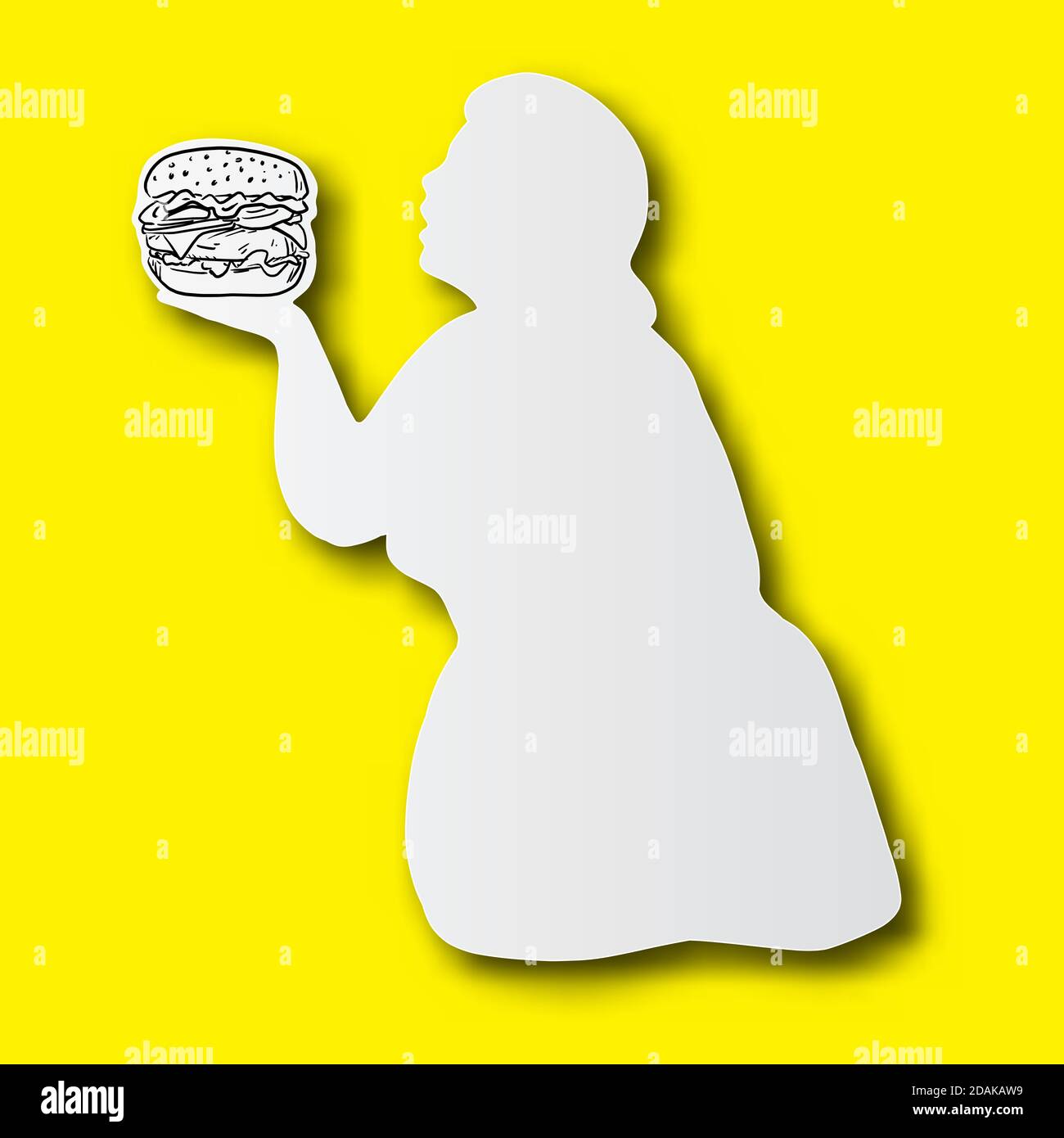 black line hand drawn of hamburger on fat woman shape cut paper with ...