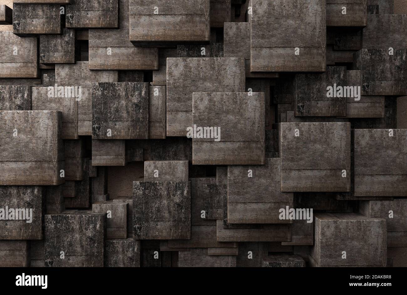 Stone cubes in a dark room. Concrete and cement block walls.3d ...