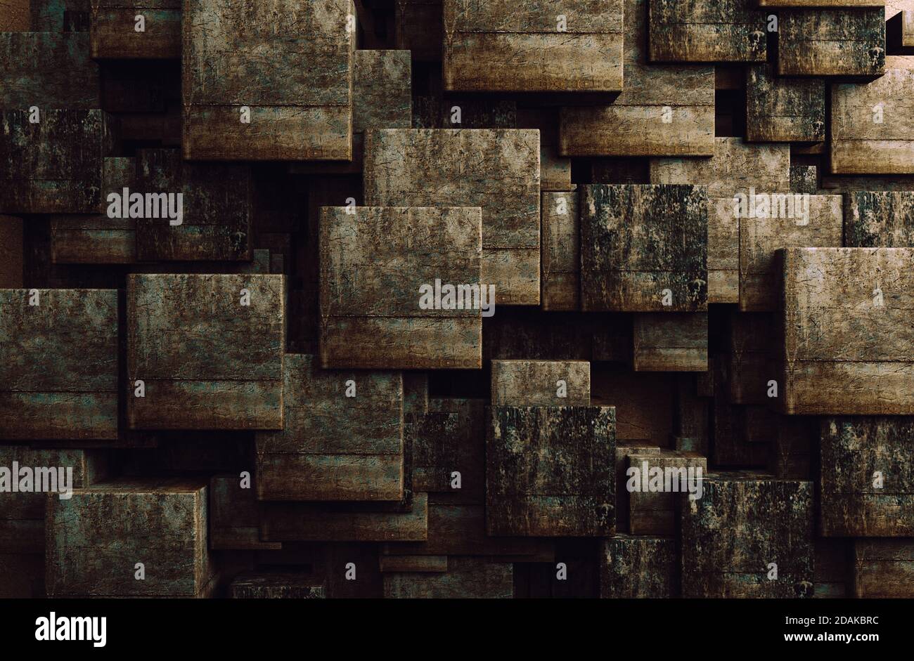 Stone cubes in a dark room. Concrete and cement block walls.3d ...