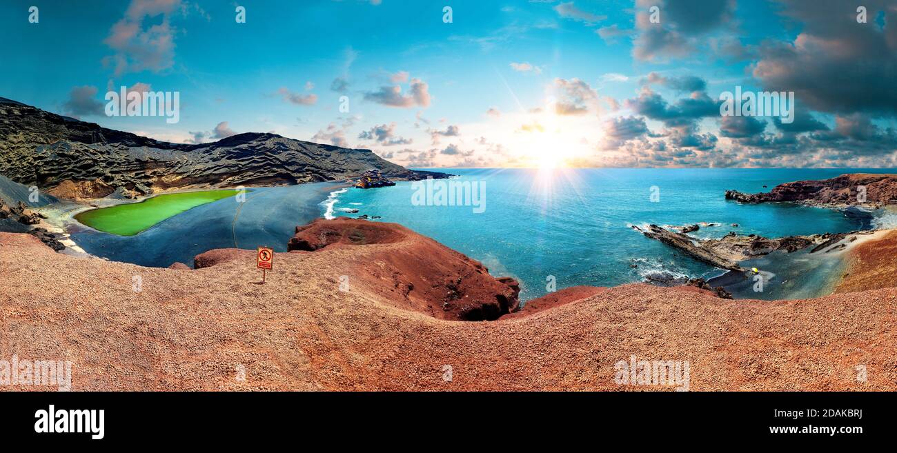 Scenic landscape Green lake in El Golfo, Lanzarote island, Spain ...