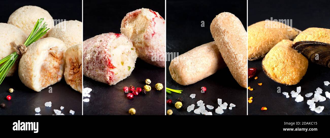 Breaded peppers,stuffed mussels and croquettes. Food for frying.Butcher ...