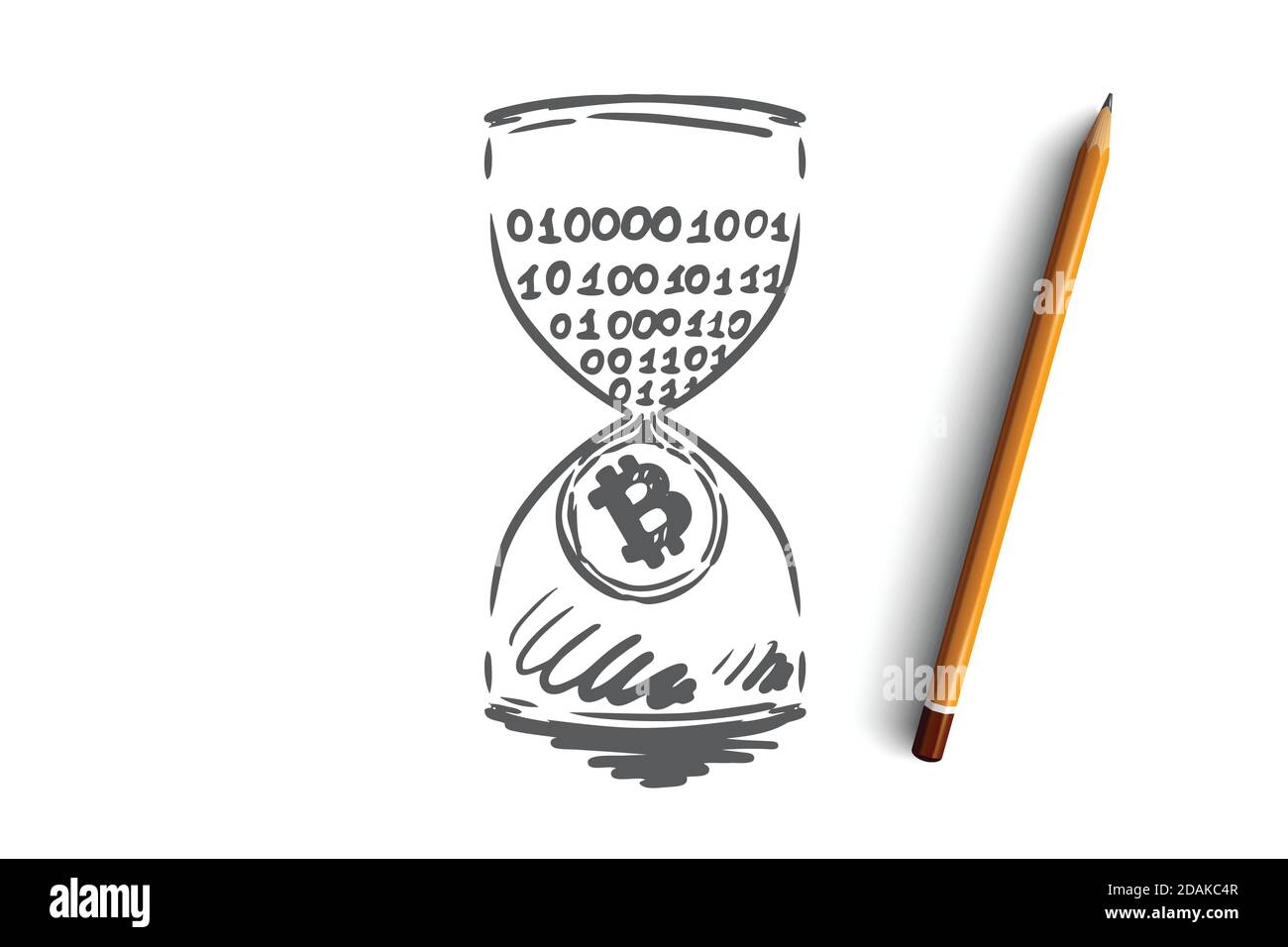 Timestamp, bitcoin, blockchain, currency, digital concept. Hand drawn ...