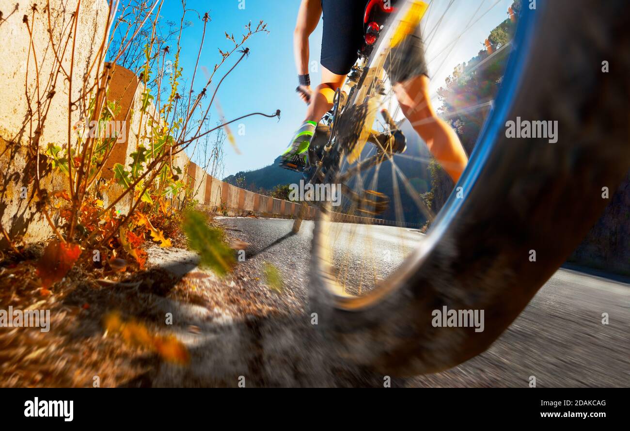 Mountain bike and adventure man in action. Healthy life style in ...