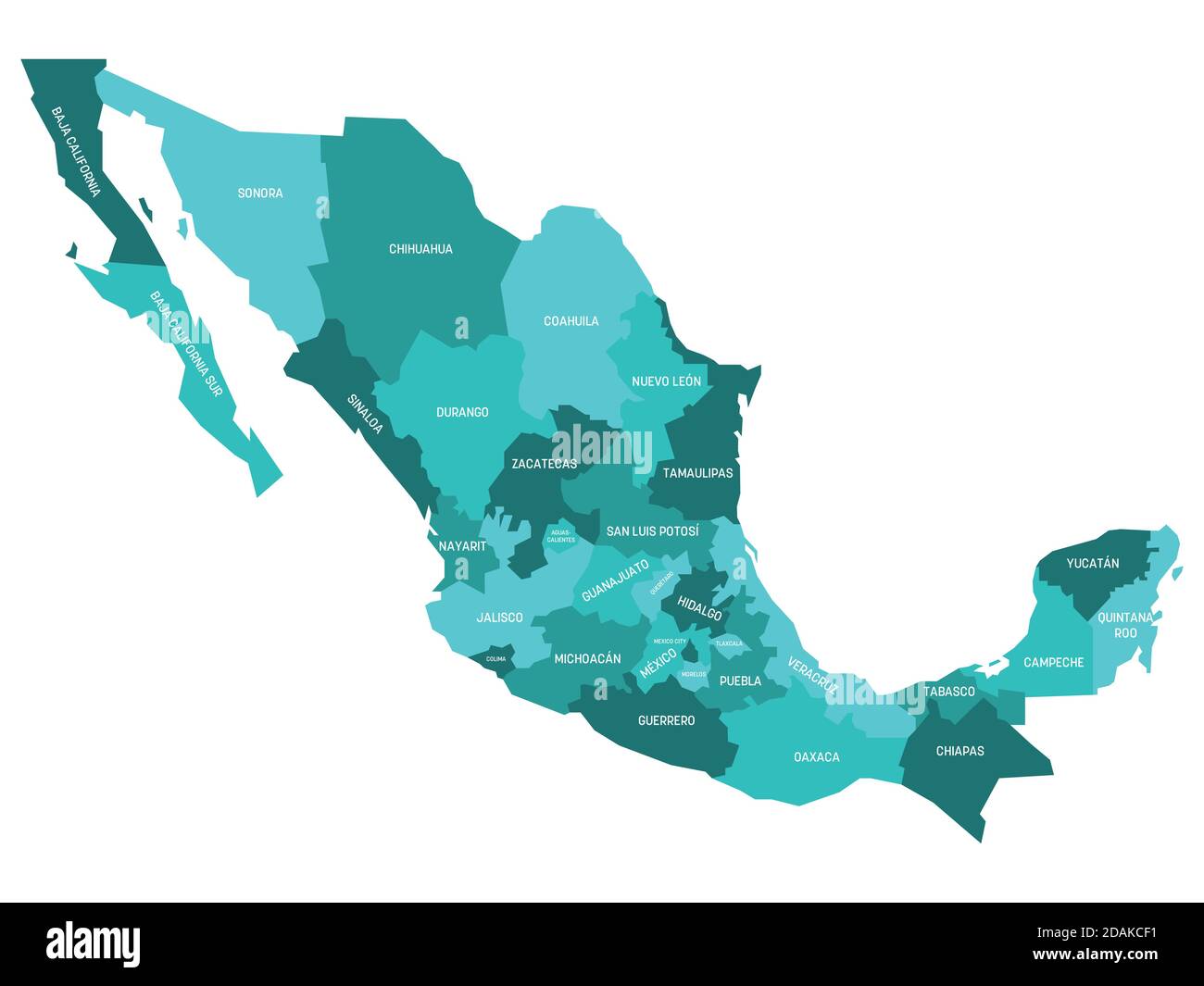 Turquoise blue political map of Mexico. Administrative divisions ...